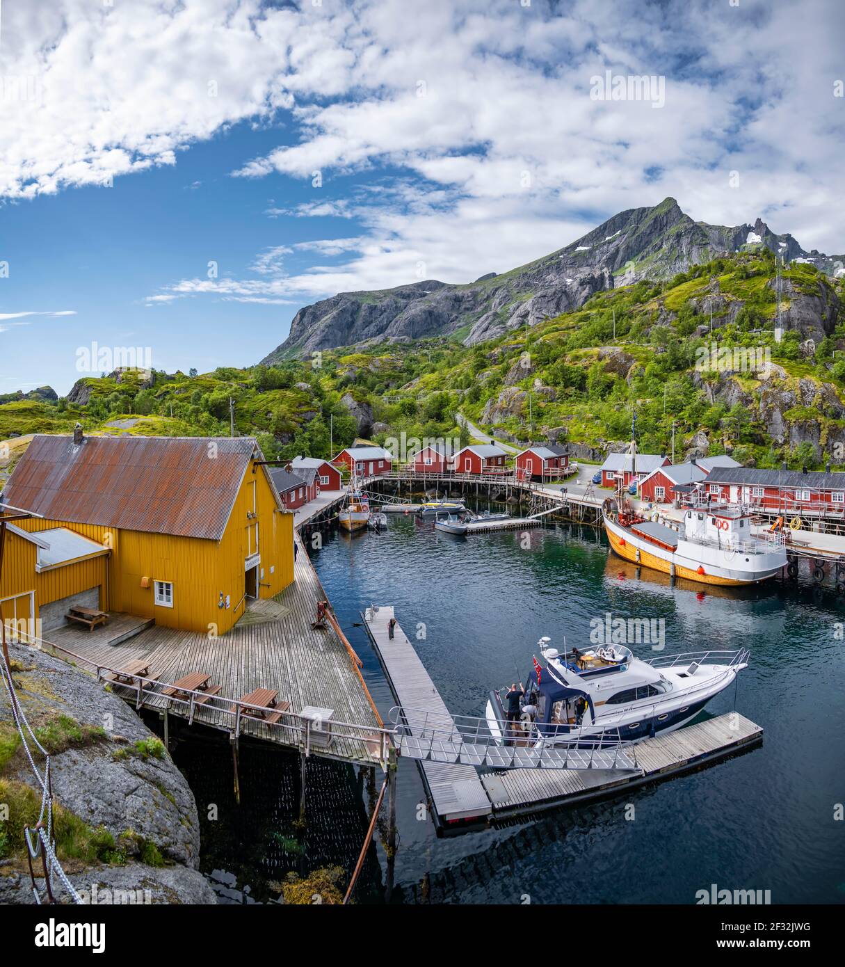 Harbour with fishing boat, Rorbu cabins, historic fishing village ...