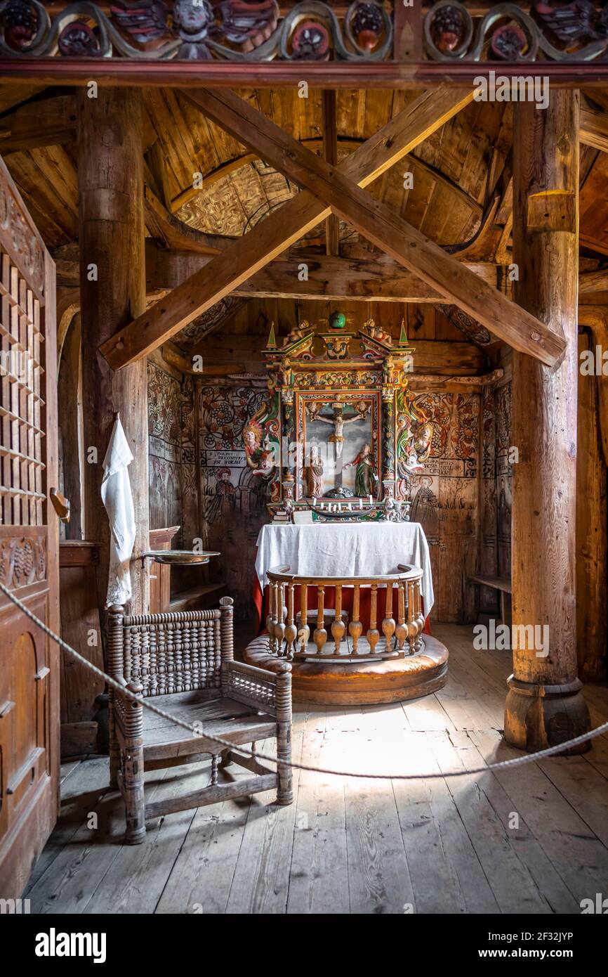 Interior and altar of the Urnes Stave Church, Romanesque church from ca ...