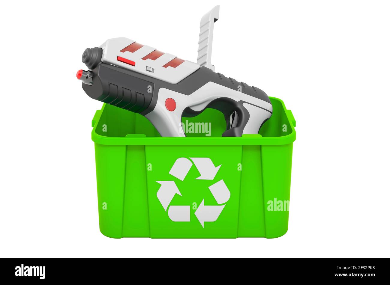 Recycling trashcan with game gun, 3D rendering isolated on white ...