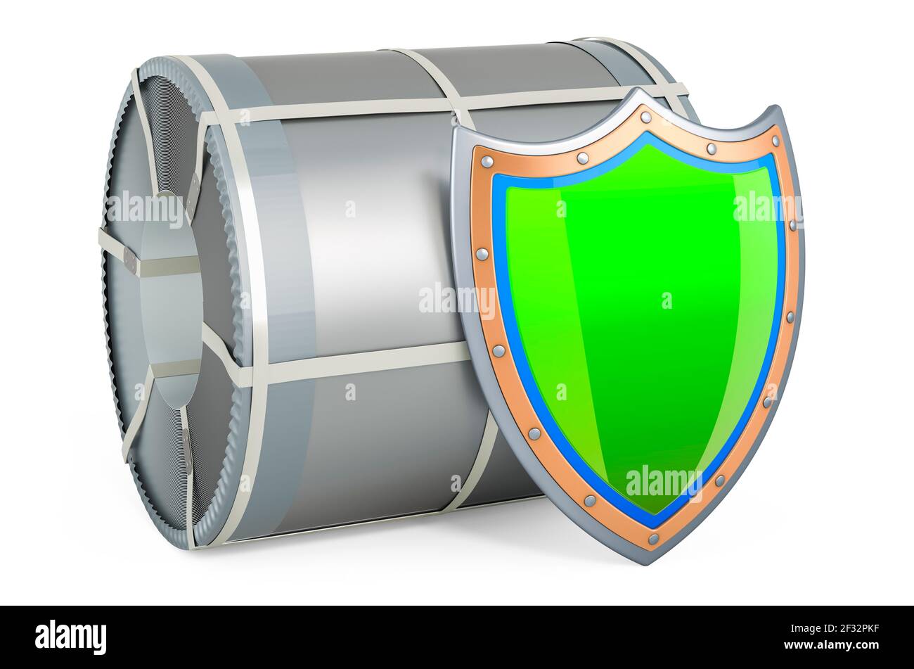 Roll of steel sheet, stainless steel coil with shield. 3D rendering ...
