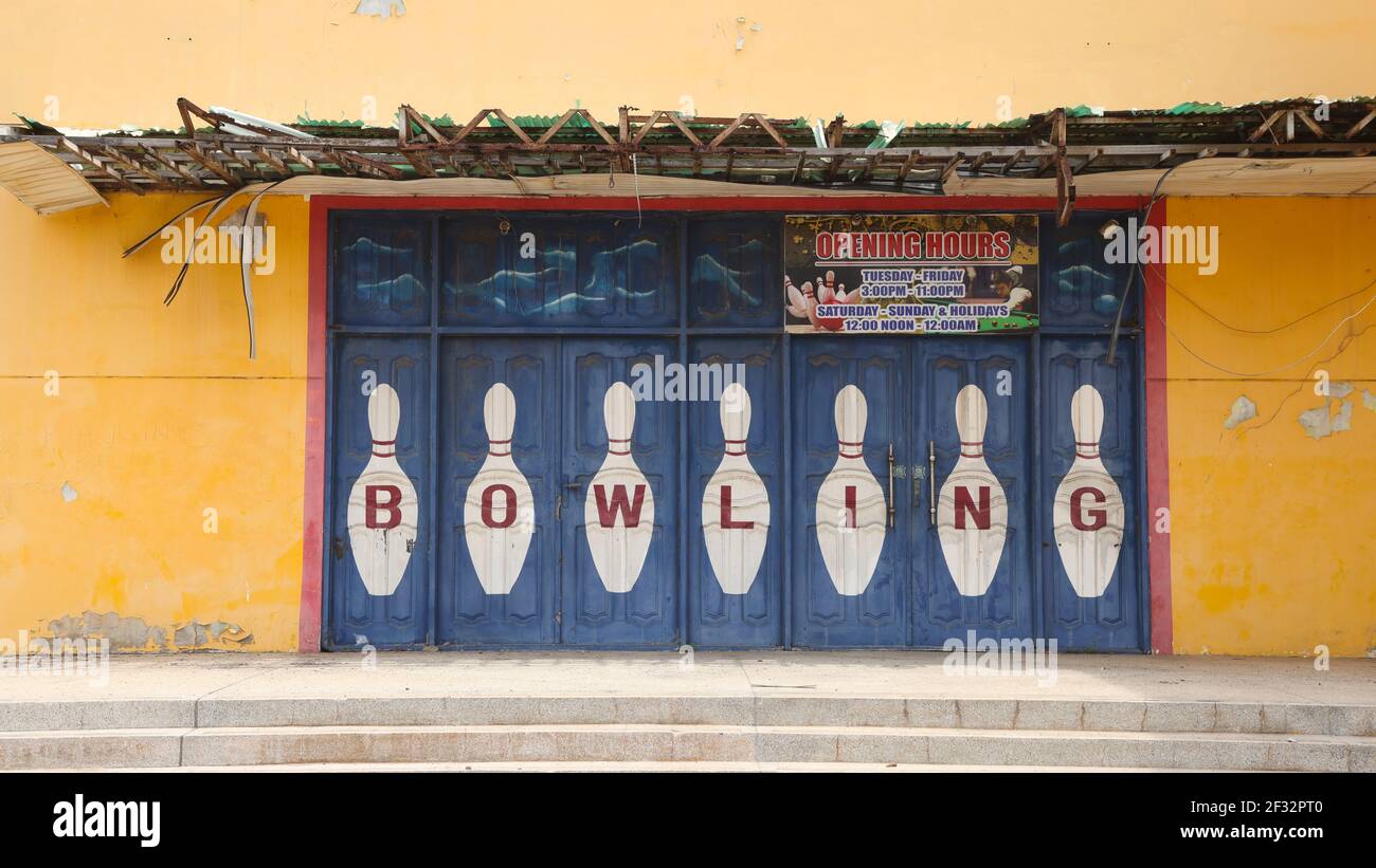 Abandoned bowling alley entrance building Accra Ghana. Once a thriving ...