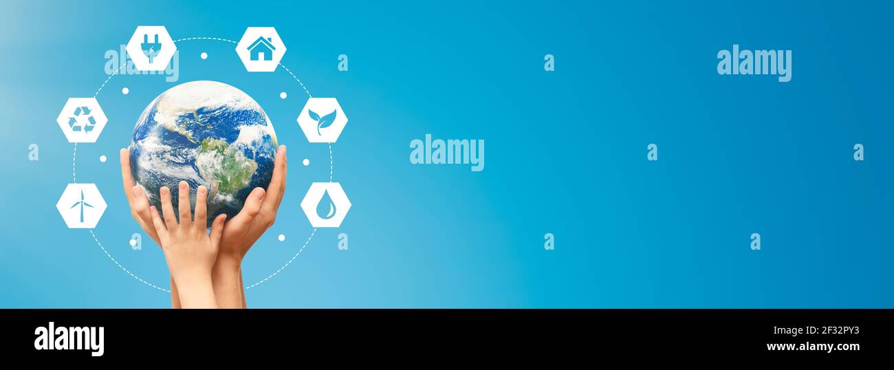 Earth globe in family hands. Environmental protection concept. Elements ...