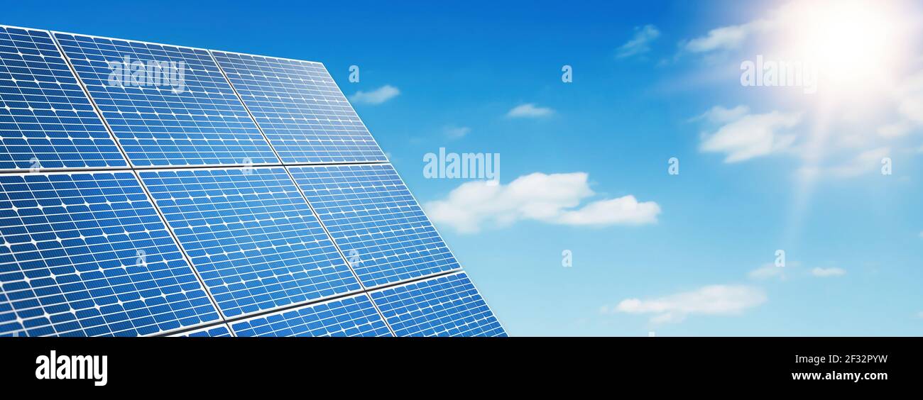 Solar panel illustration with 3D render and sky in background ...
