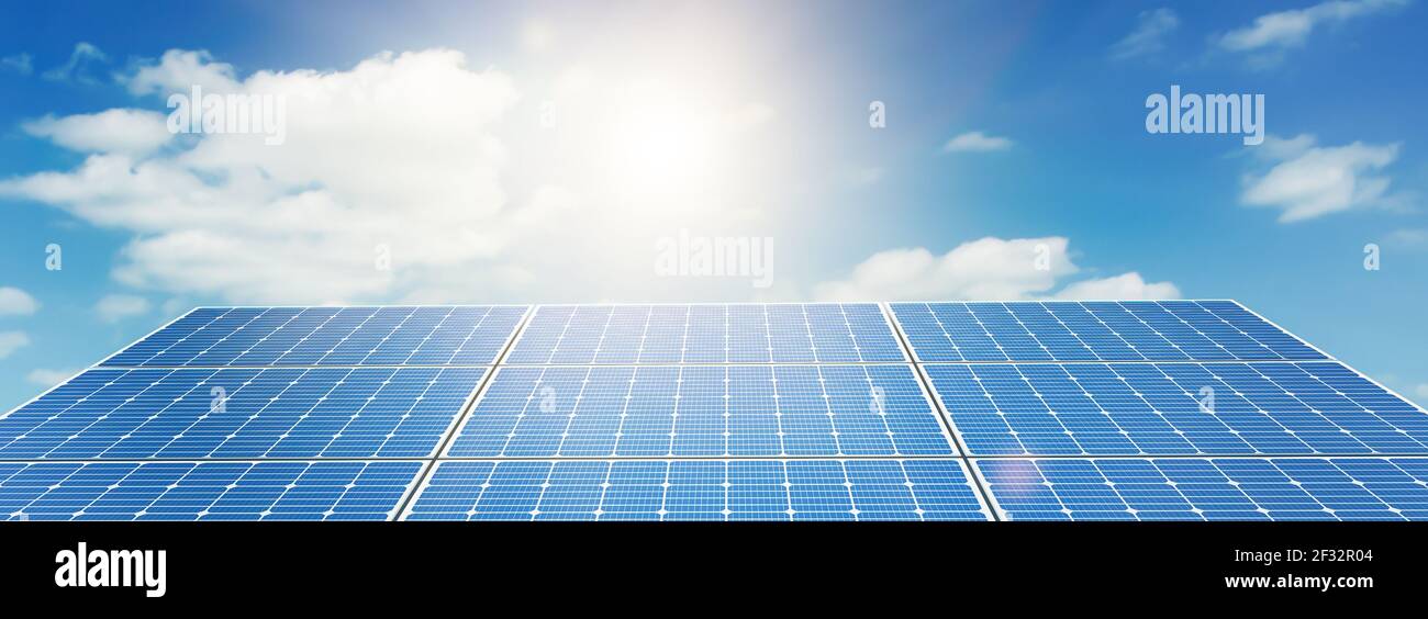 Solar panel illustration with 3D render and sky in background ...