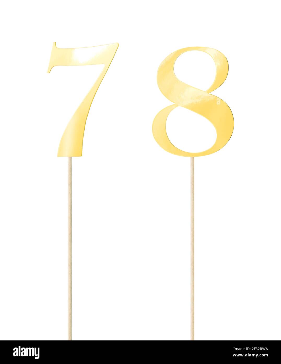 Shiny gold topper paper cake numbers signs (seven, eight) on stick ...