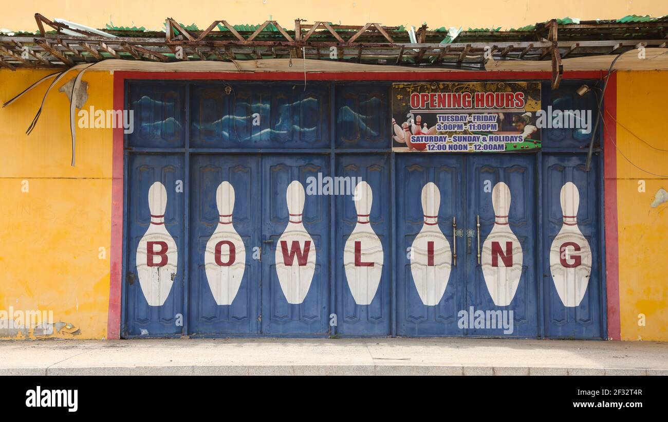 Abandoned bowling alley entrance building Accra Ghana. Once a thriving ...