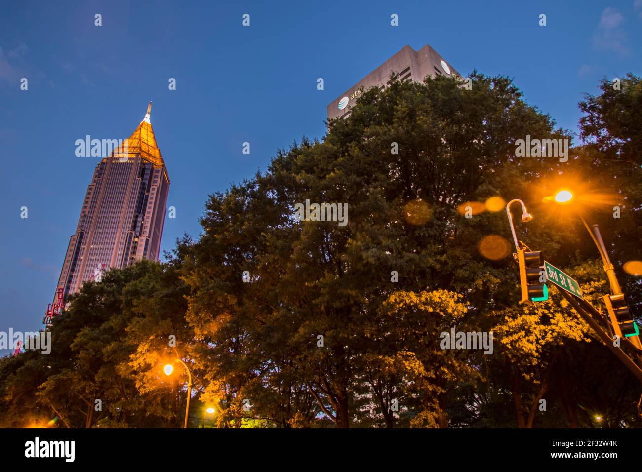 Atlanta, Ga USA - 06 14 20: Downtown Atlanta at night looking up at ...