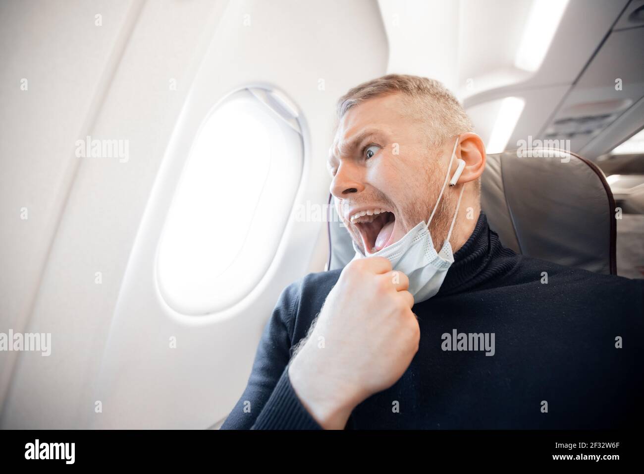 Concept aerophobia or aviophobia. Afraid of fear flying on airplane and ...