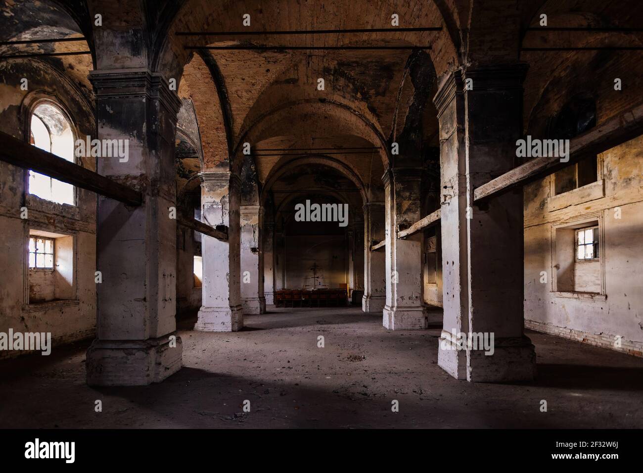 Interior of dark creepy abandoned lutheran church of the Virgin Mary ...