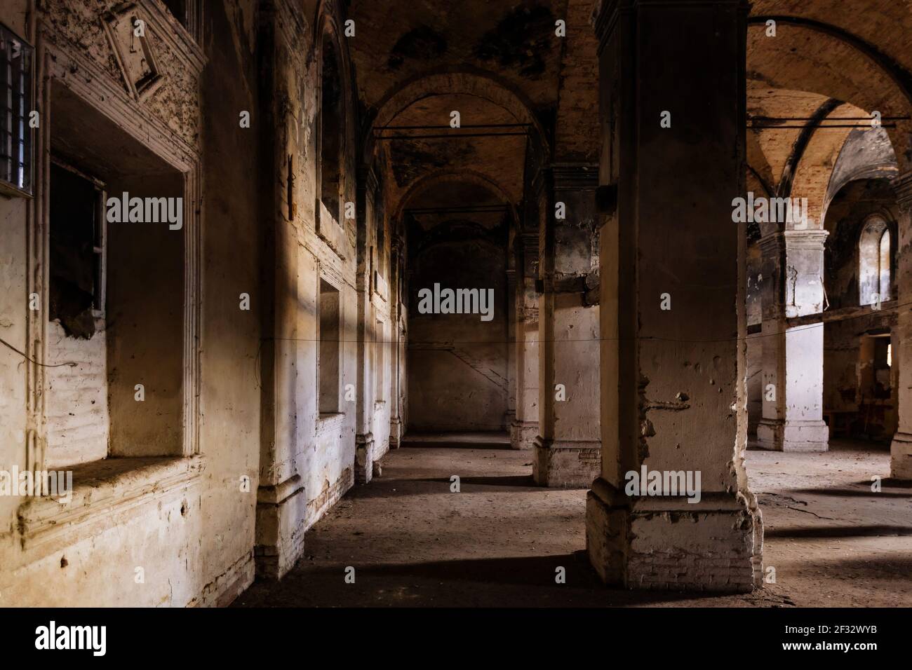 Interior of dark creepy abandoned lutheran church of the Virgin Mary ...