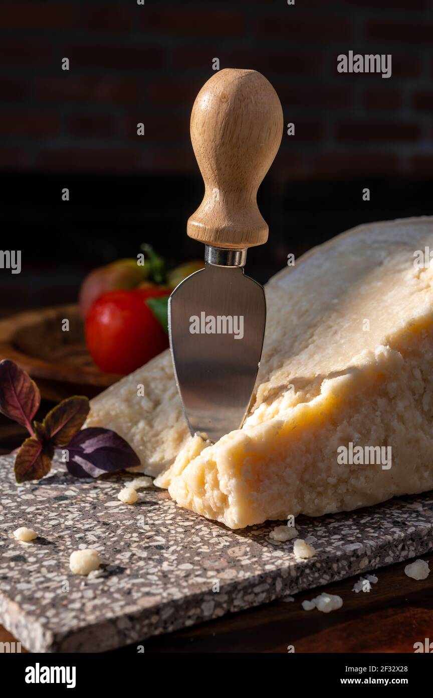 Cheese collection, hard yellow Italian cheese parmesan or parmigiano ...