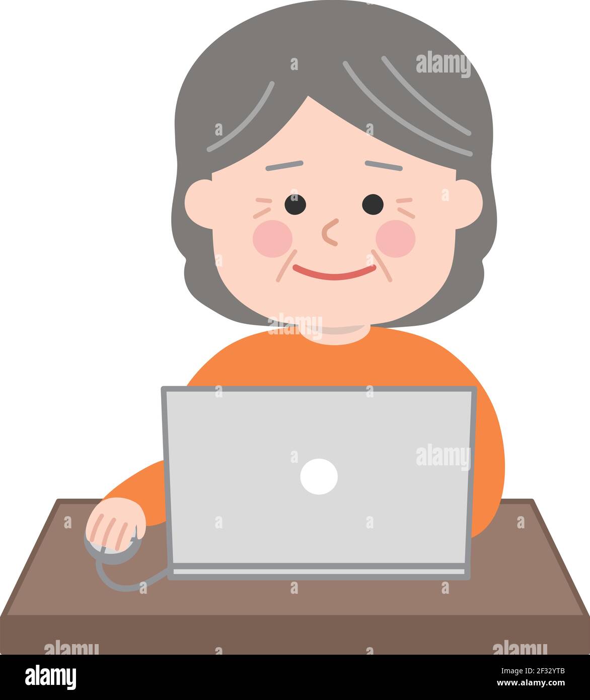 Elderly woman using a laptop computer. Vector illustration isolated on ...