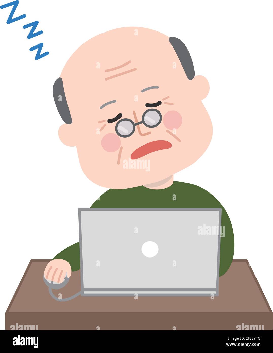 Elderly man falling asleep while using a laptop computer. Vector ...