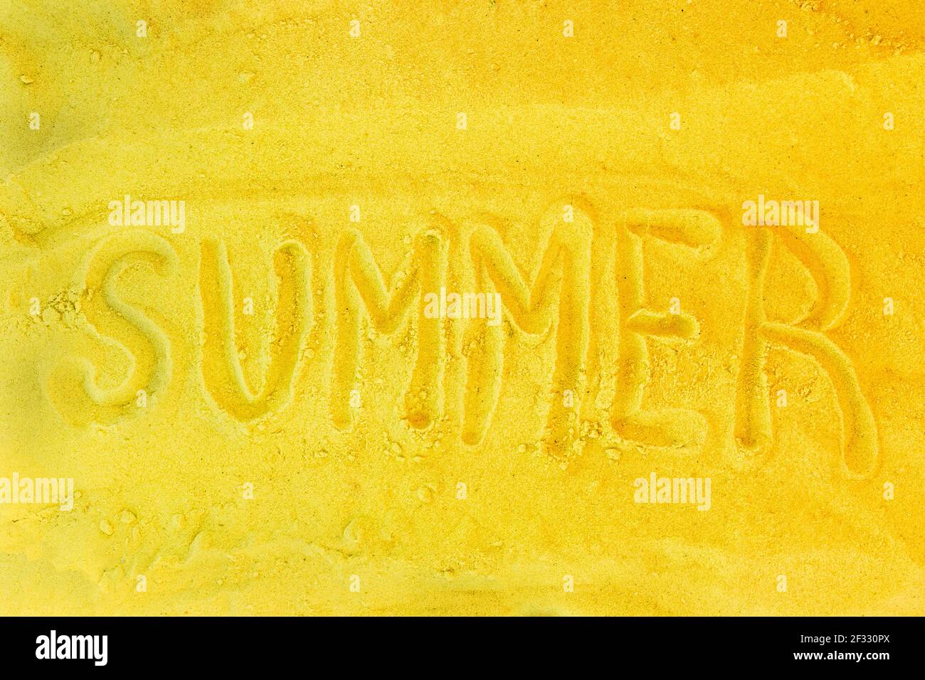 The word summer is written on a yellow beach sand background. Sign or ...