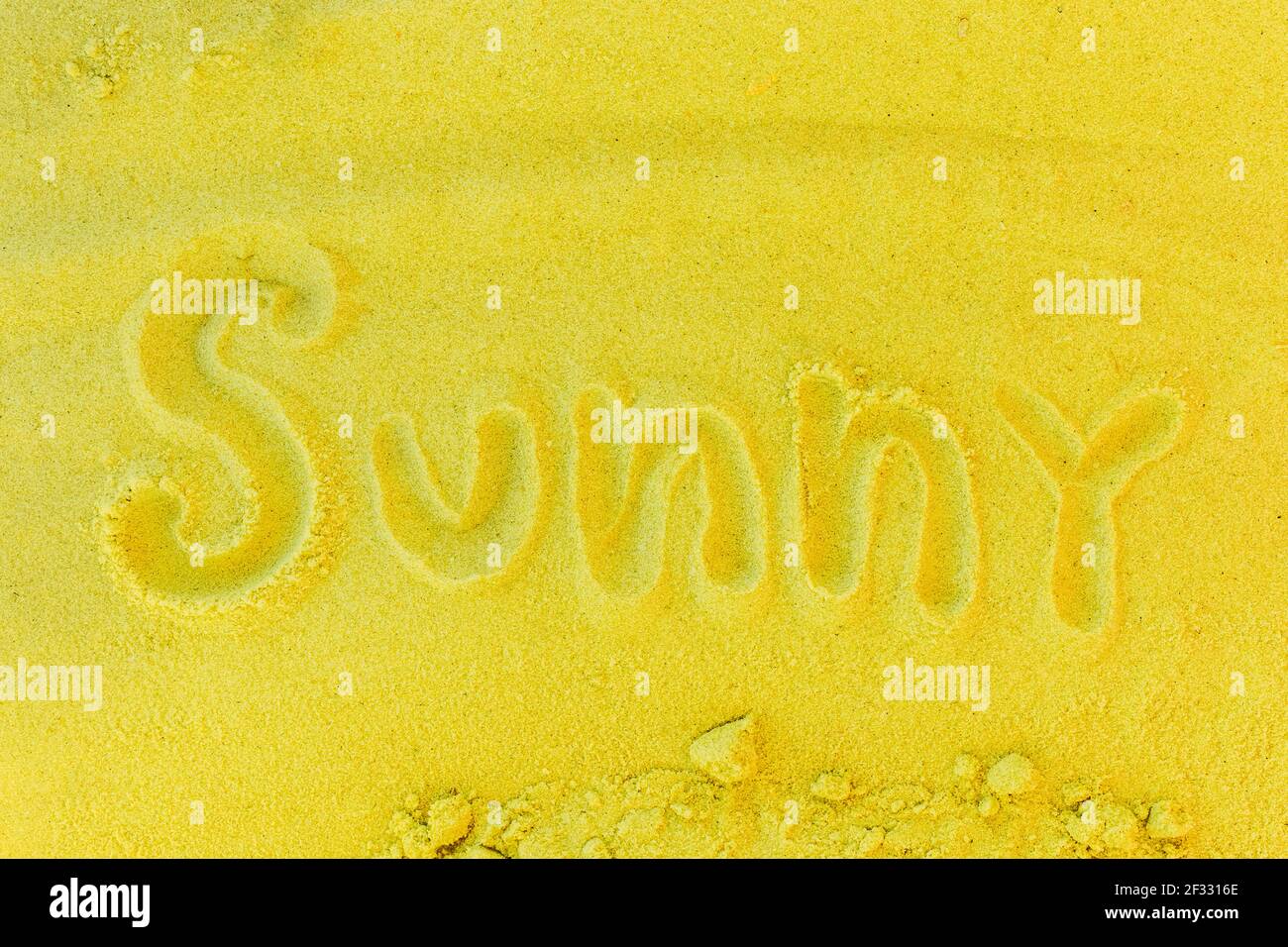 The word sunny is written on a yellow beach sand background. Sign or ...