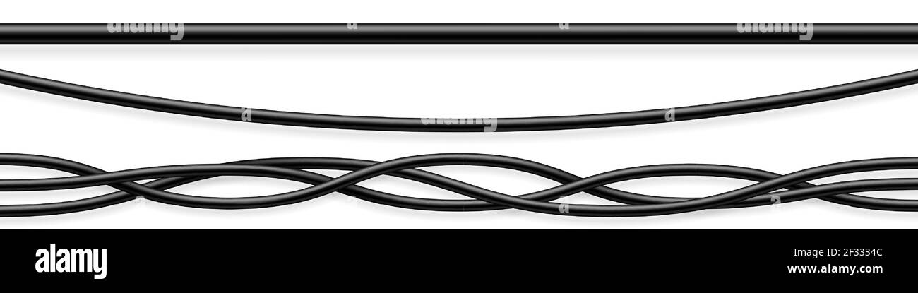 Set of black flexible cables with shadow. Electrical wire. Realistic ...