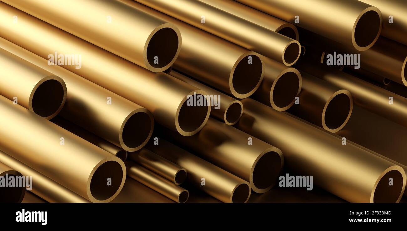 Brass tube profiles stack or heap frame filling background, metal ...