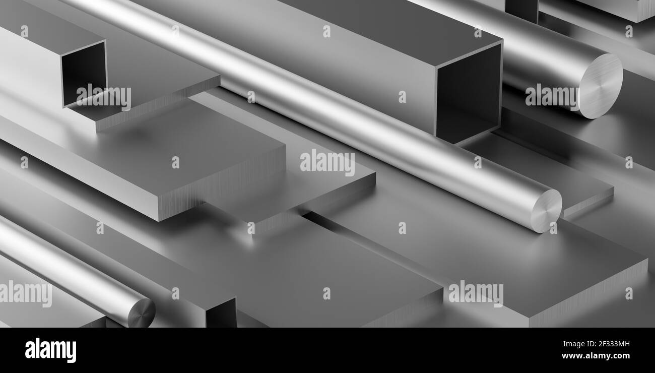 Brushed aluminum profiles stack or heap frame filling background, metal ...
