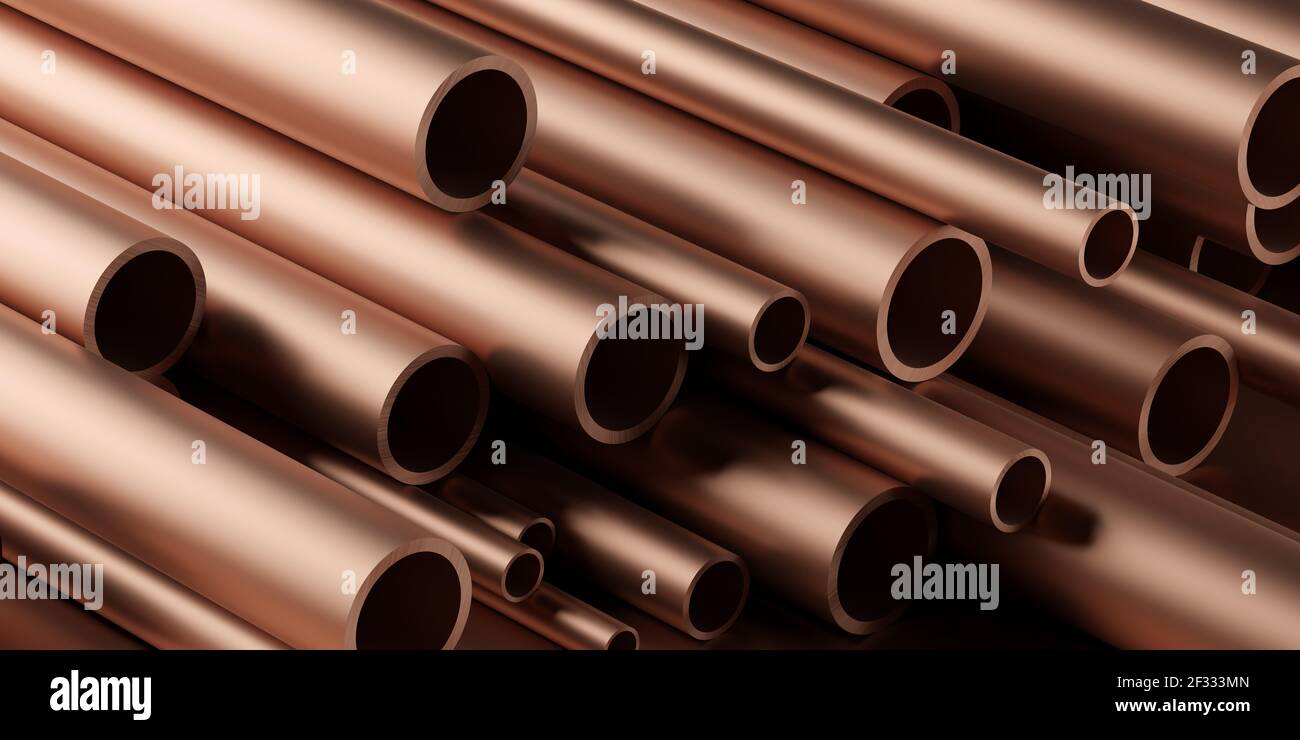 Copper tube profiles stack or heap frame filling background, metal ...