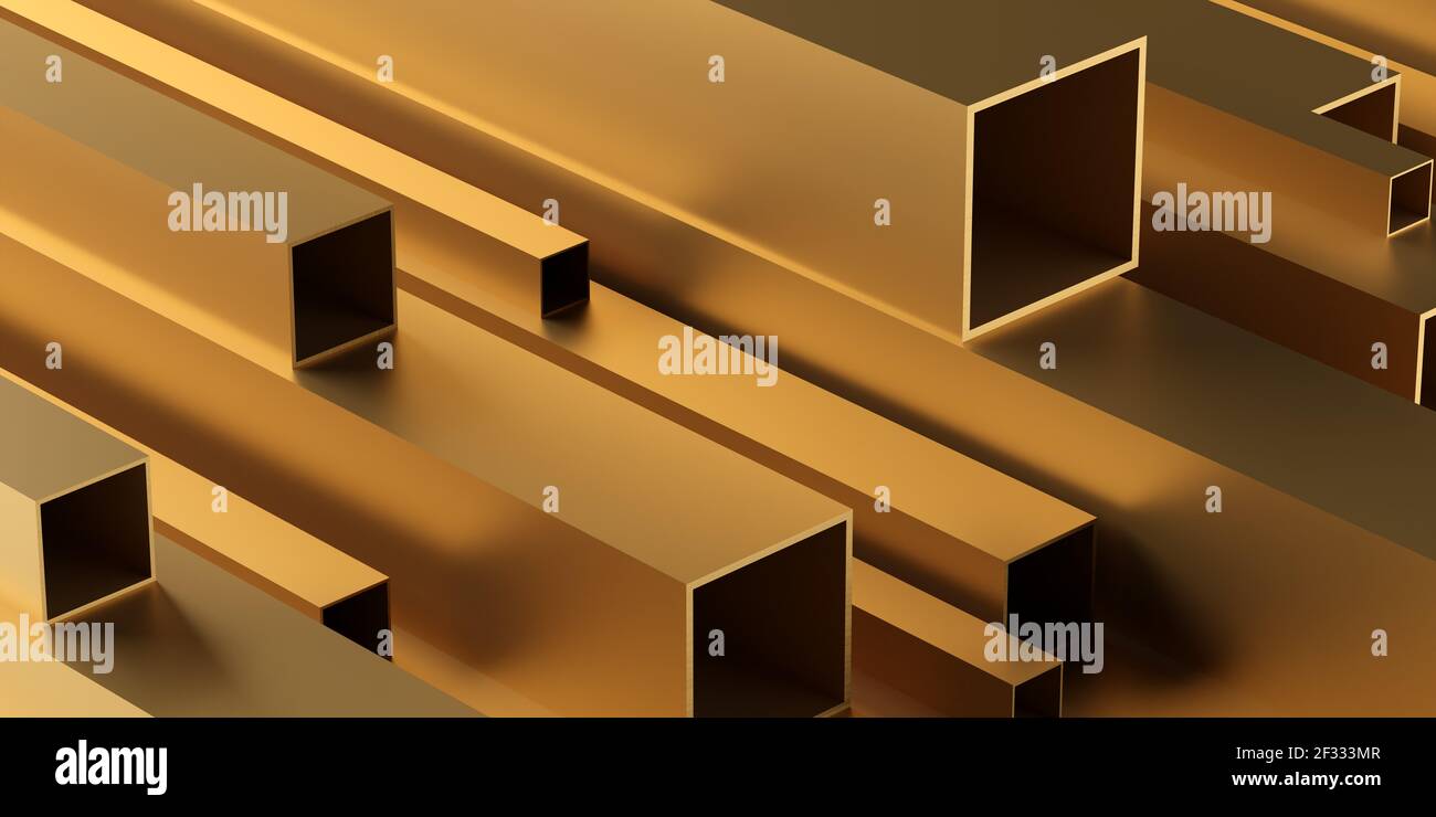 Brass square profiles stack or heap frame filling background, metal ...