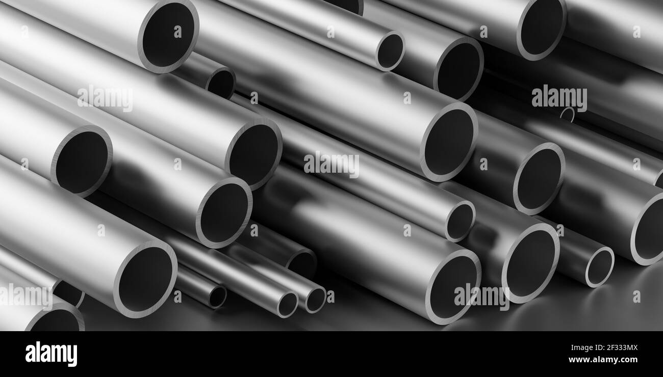 Brushed aluminum tube profiles stack or heap frame filling background ...