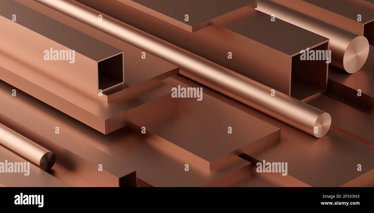 Copper profiles stack or heap frame filling background, metal ...