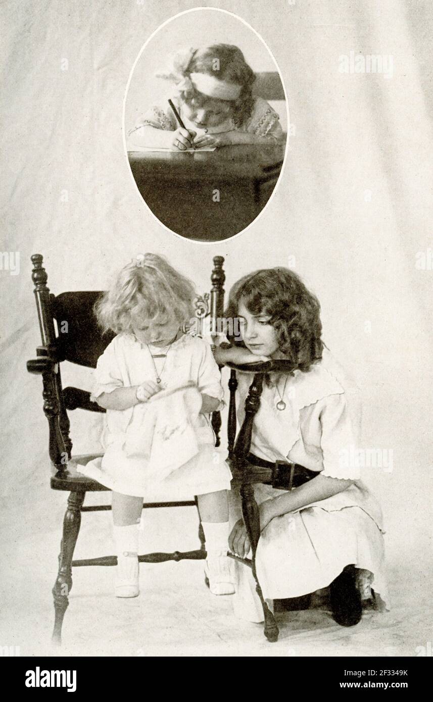 This 1917 image shows photos of young child writing (top inset), sewing ...