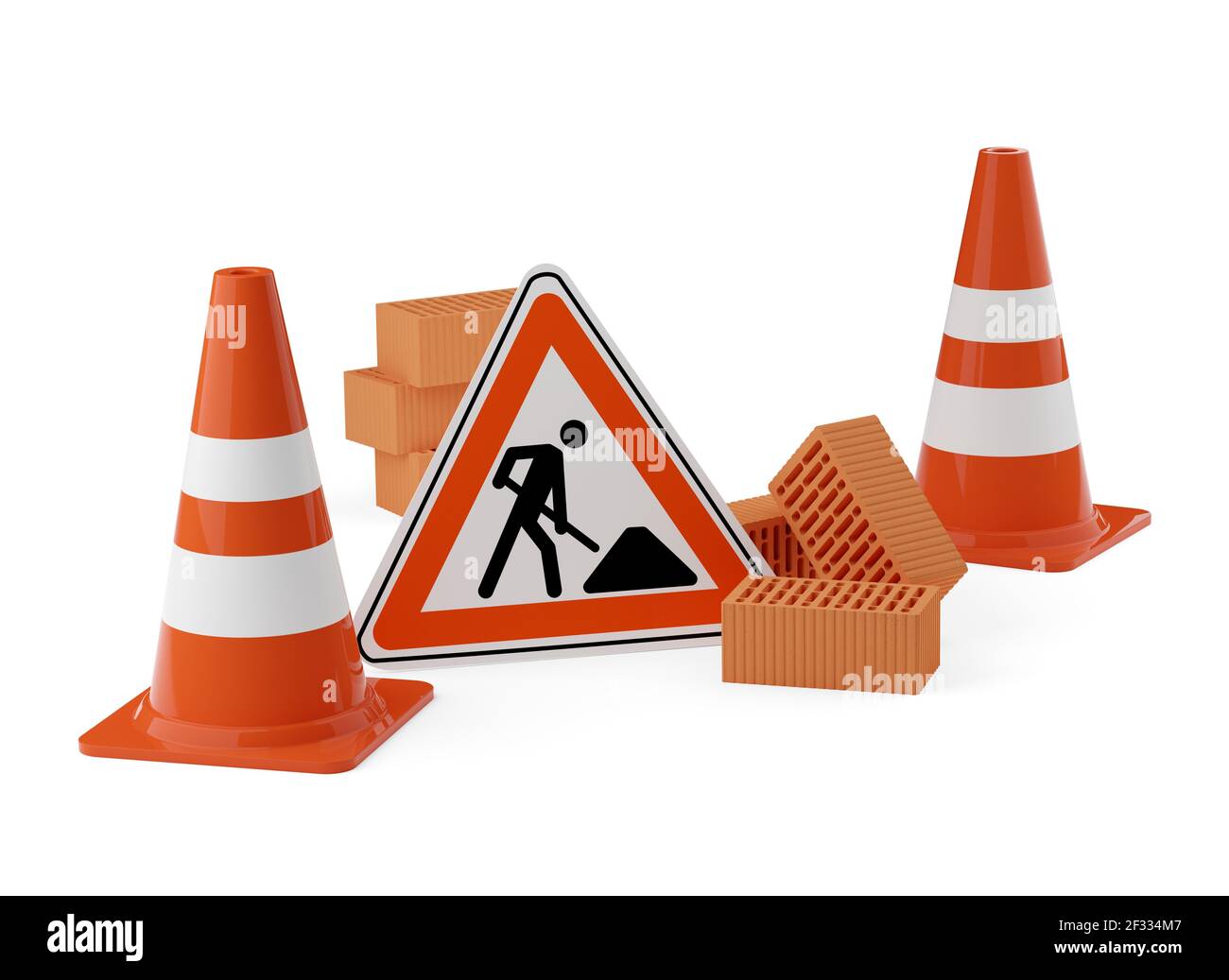 Orange traffic warning cones or pylons with street or road construction ...