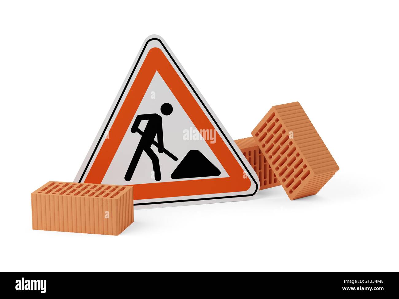 Street or road construction sign and stone bricks on white background ...
