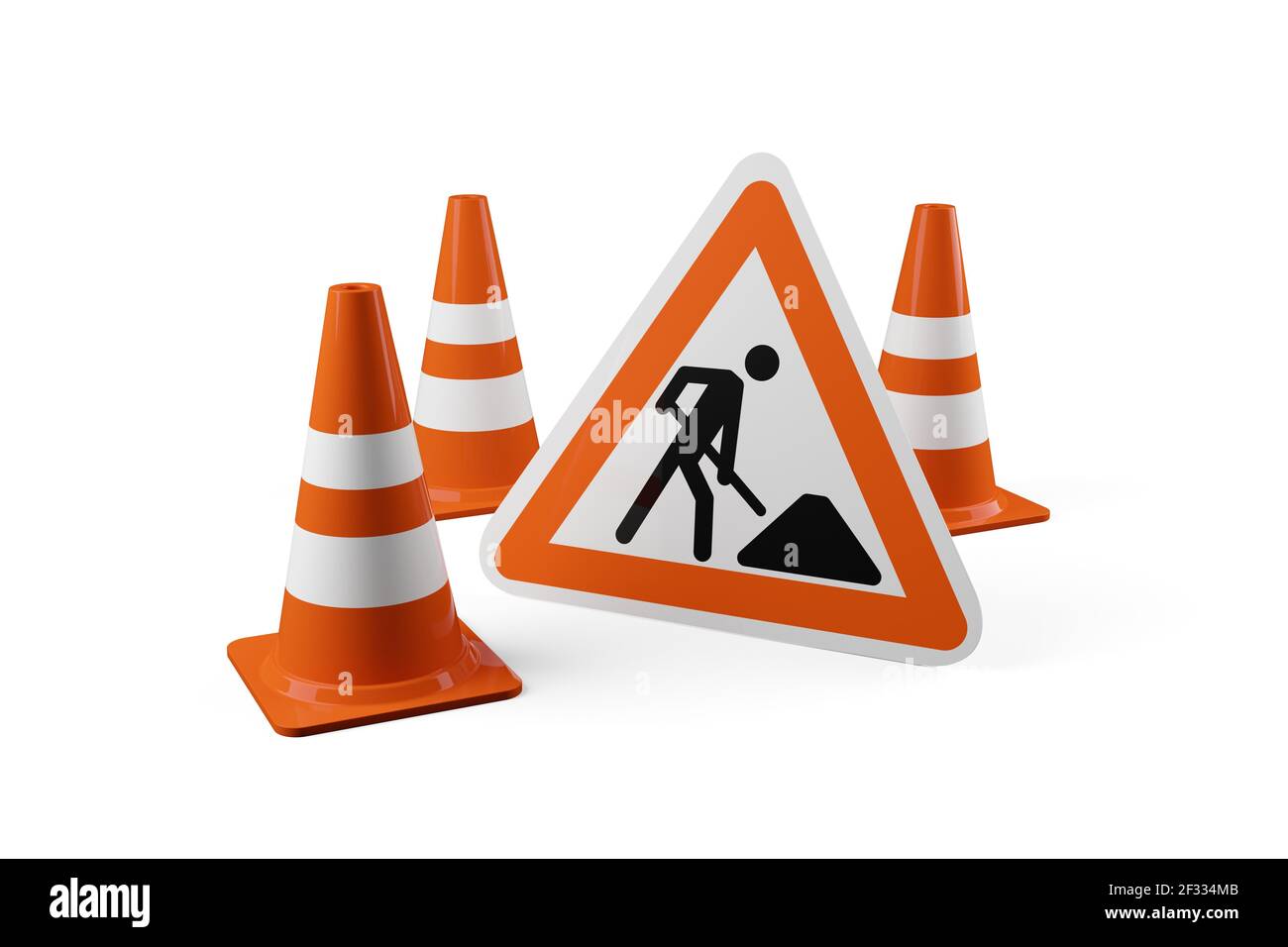 Three orange traffic warning cones or pylons with street or road ...