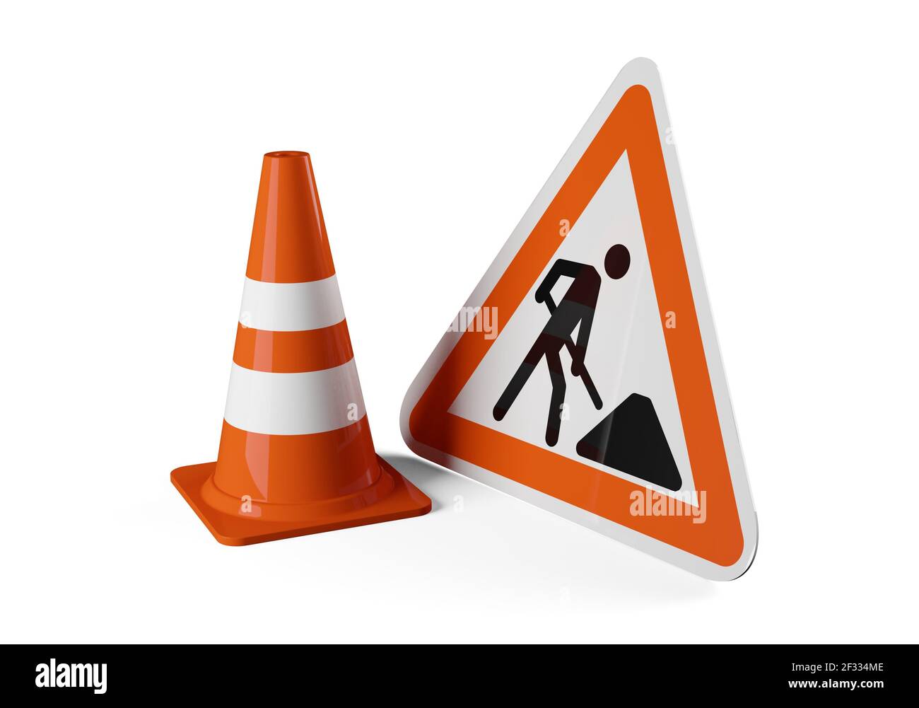 Single orange traffic warning cone or pylon with street or road ...