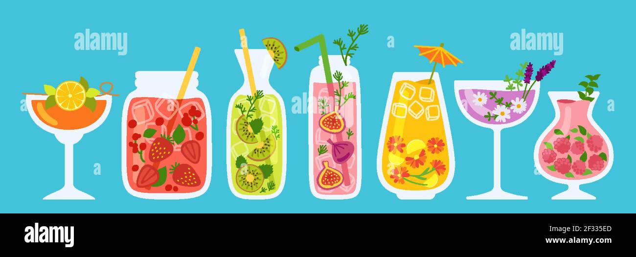 Hawaii cocktails, summer jug, jar and glass juice cartoon set. Tropical ...