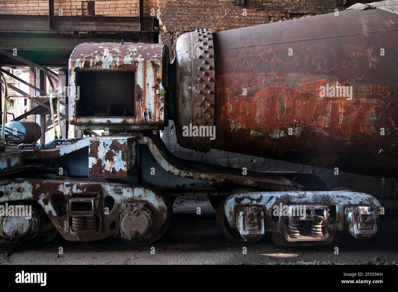 A rusting train car that was used to transport hot steel at the Carrie ...