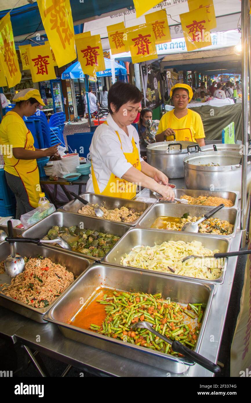 Bangkok, Thailand - October 1st 2016: Stall selling vegetarian food. A ...
