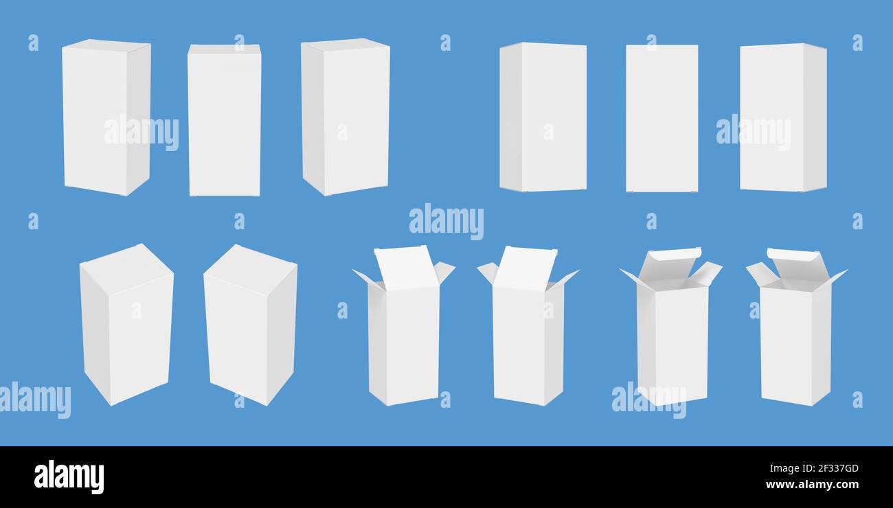 Blank white cardboard vertical box isolated on blue background. Medical ...