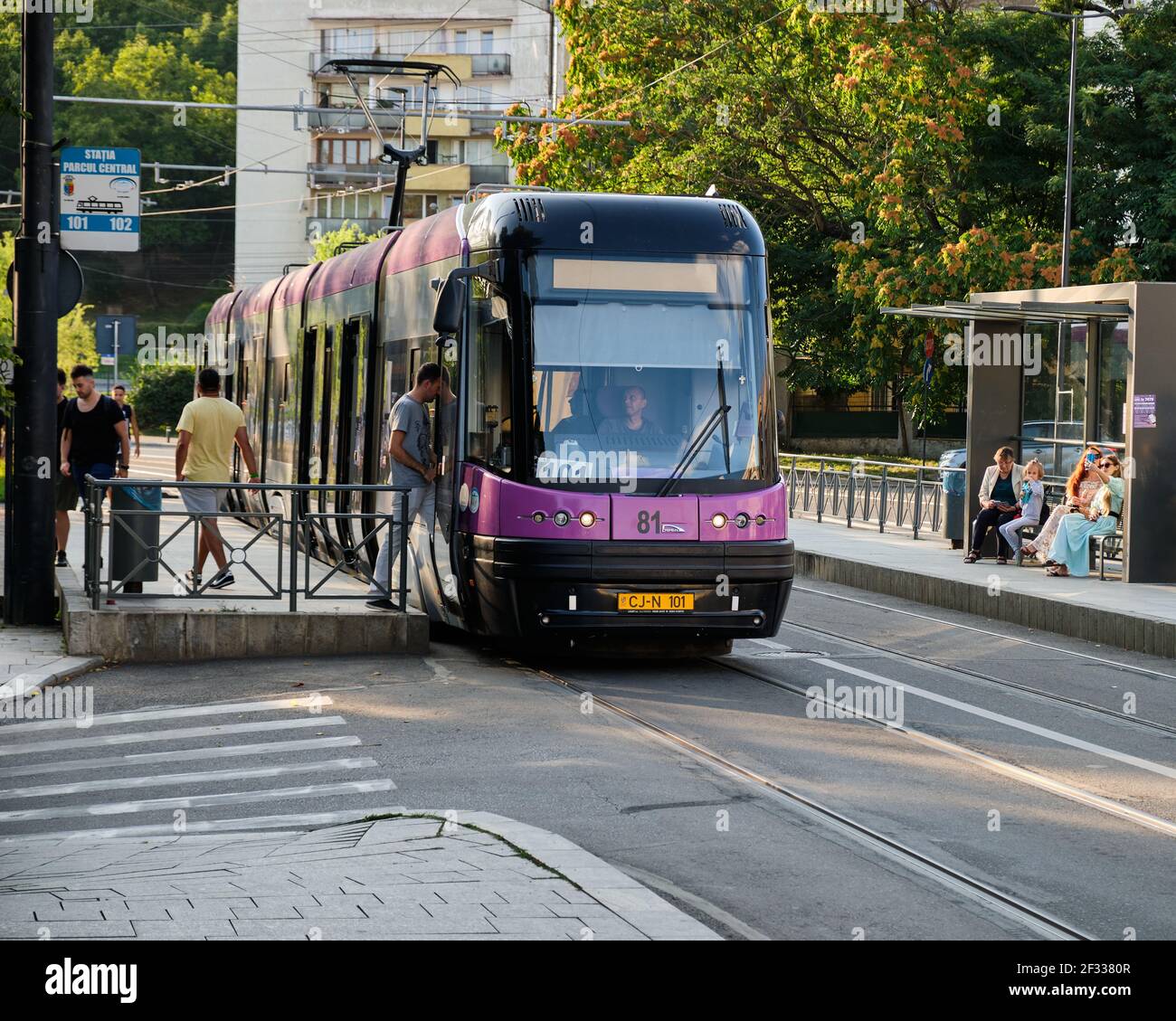 Tram at stop in centre of Cluj Napoca, Romania Stock Photo - Alamy