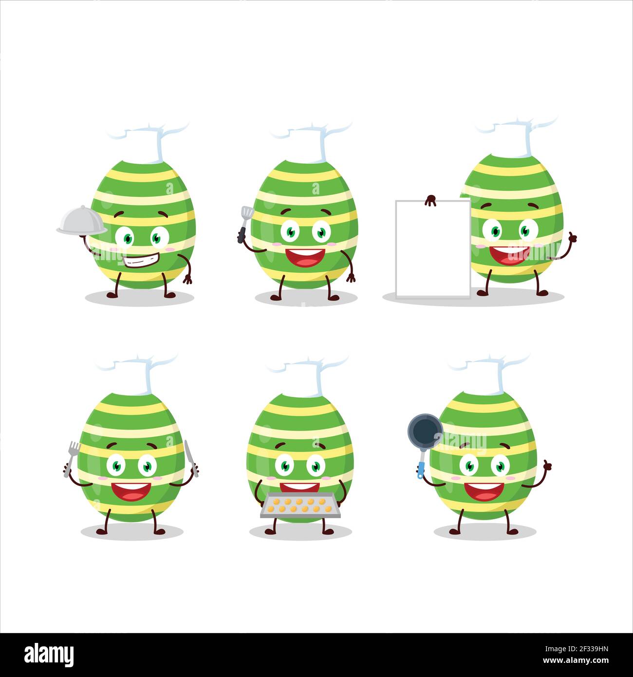 Cartoon character of green easter egg with various chef emoticons ...