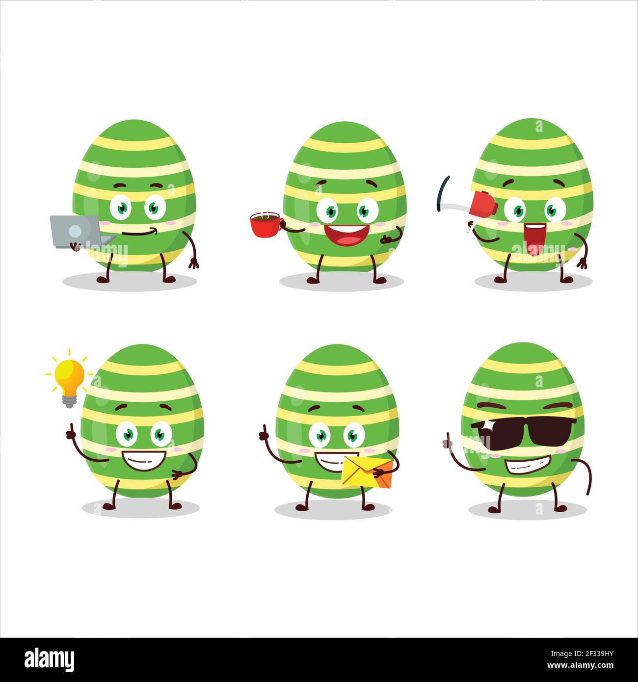 Green easter egg cartoon character with various types of business ...