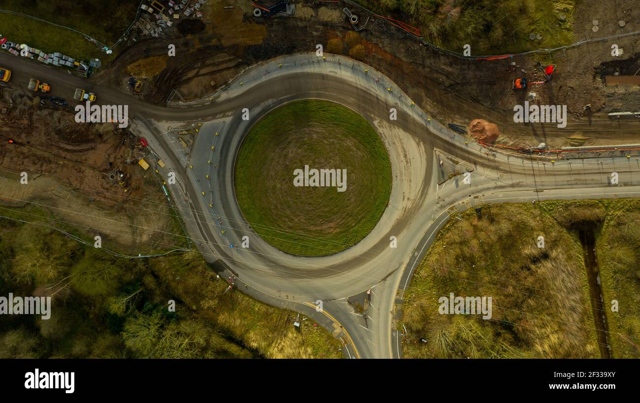 Aerial view on road word. Roundabout construction. Transport and ...
