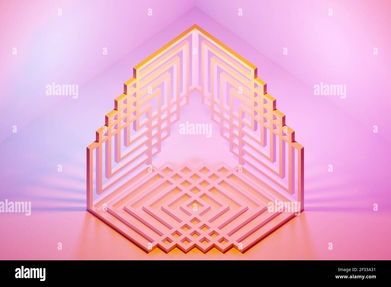 3D illustration of yellow monochrome triangle, unusual shape. Simple ...