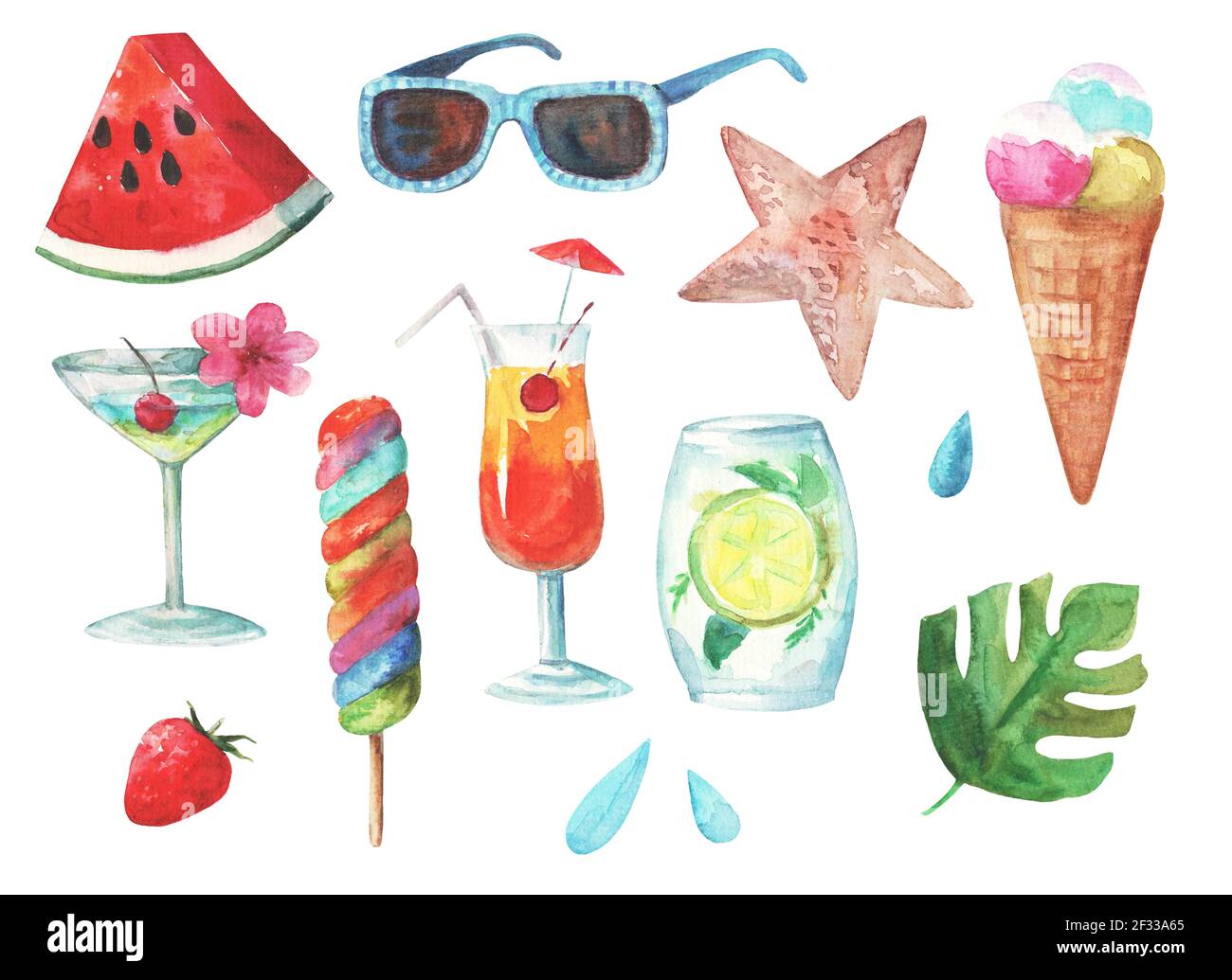 Big set of watercolor summer clip art. Hand painted illustration with ...