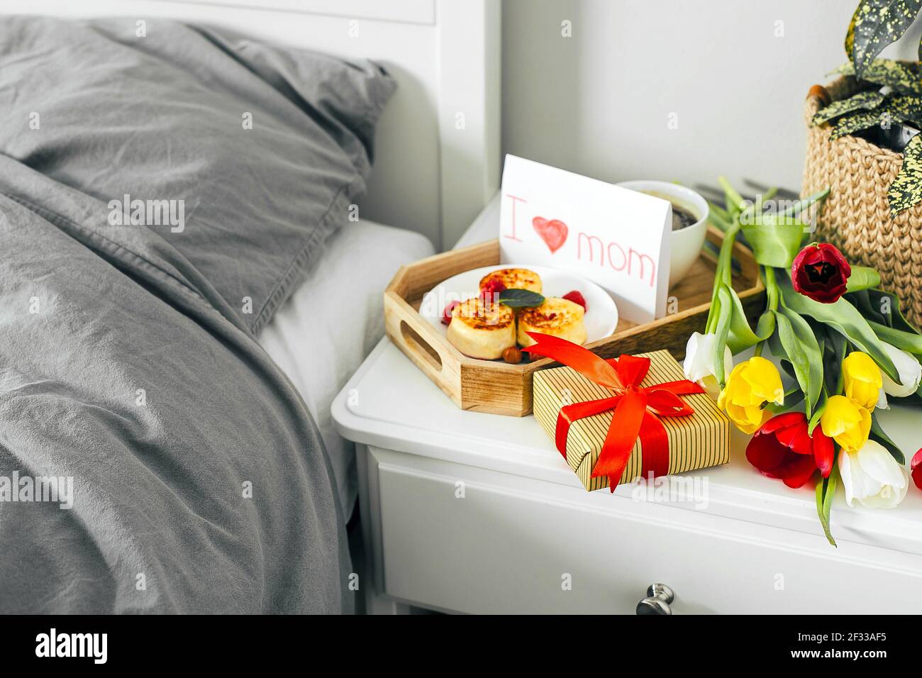 Delicious breakfast for holiday morning. Mother's day, birthday, 8 ...