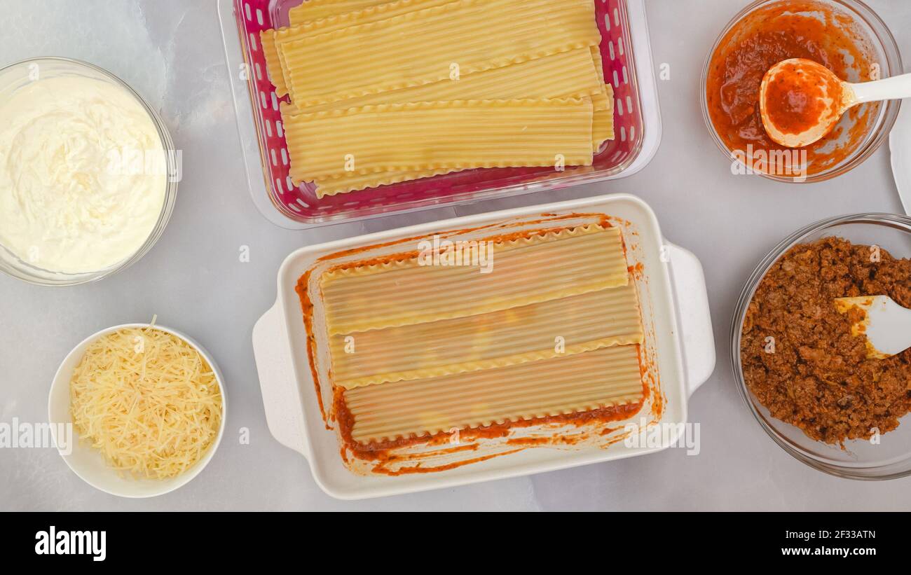 Beef lasagna step by step recipe. Assemble the lasagna. Layer of ...