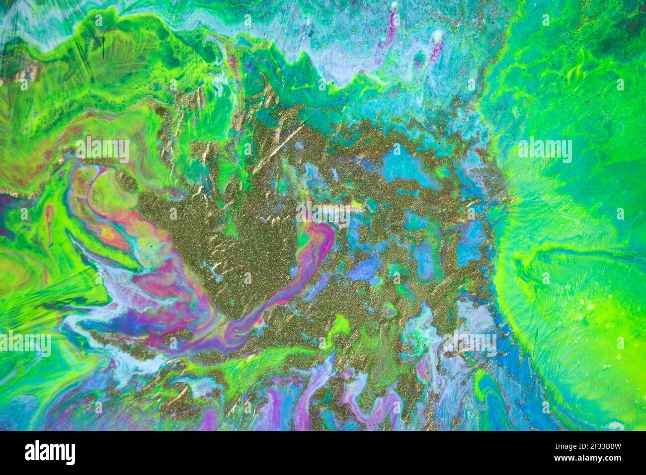 Fluorescent abstract pattern with golden powder scattering. Frozen inks ...