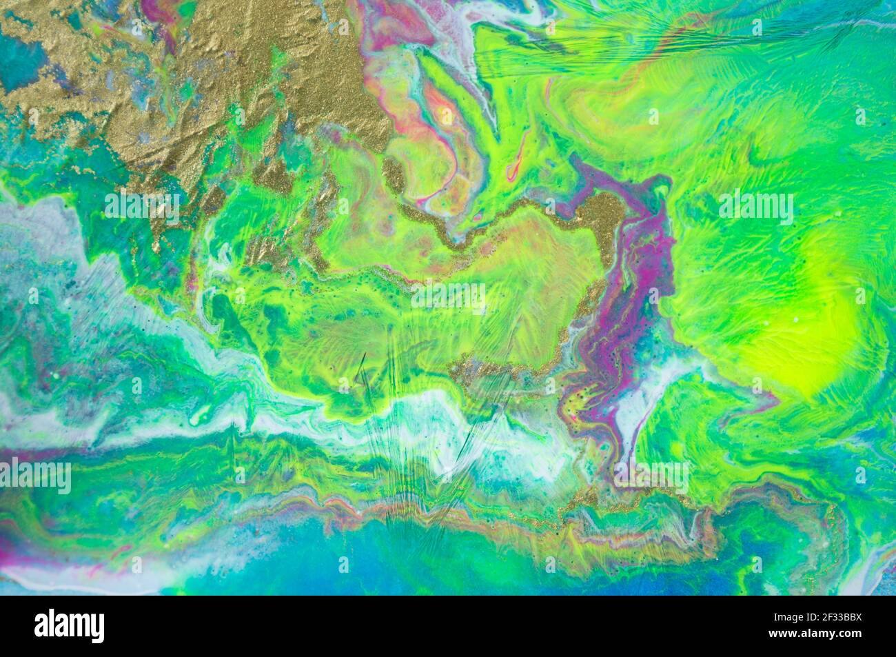 Fluorescent abstract pattern with golden powder scattering. Frozen inks ...