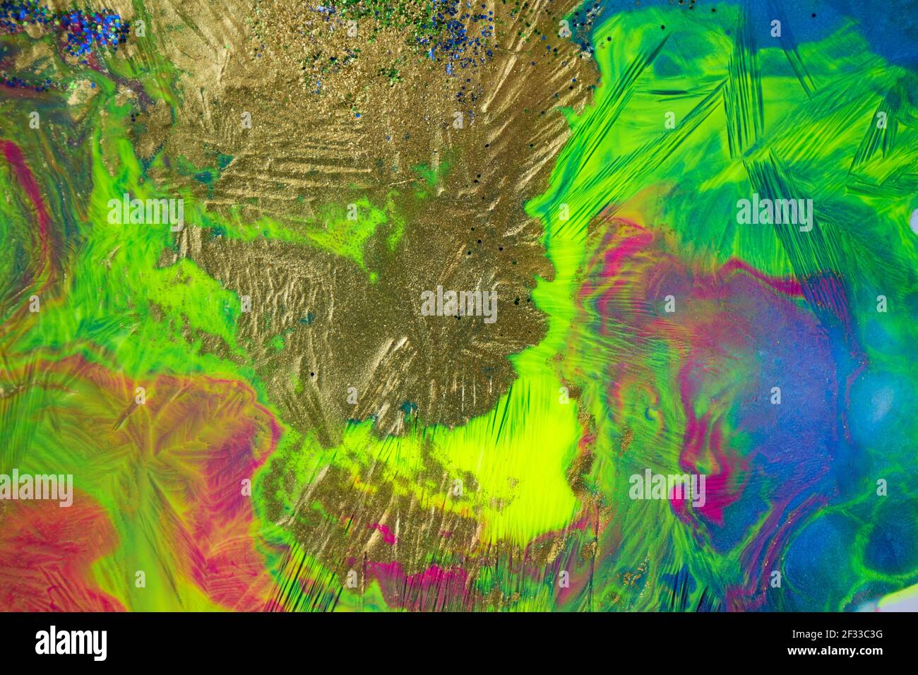 Frozen ink pattern with golden particles. Fluorescent bright background ...