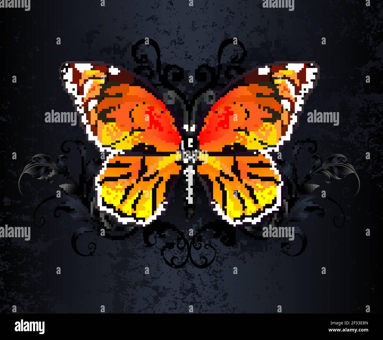 Orange, realistic, detailed monarch butterfly on black, textured ...