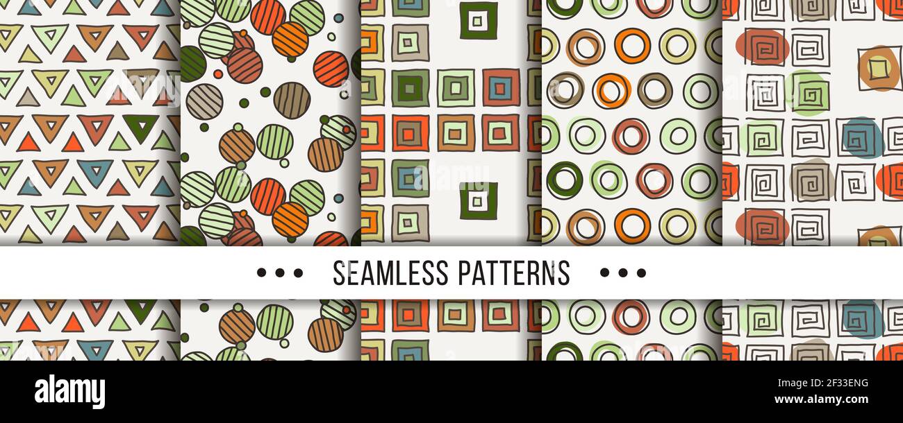 Cute collection of doodle hipster seamless patterns. Ornament set for your design, wallpaper ...