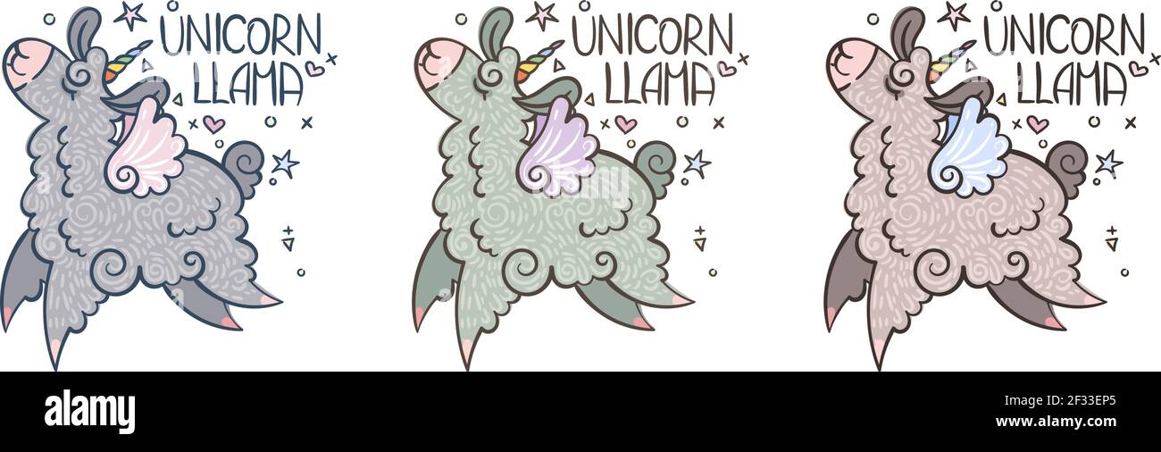 Unicorn Llama. Set of cute curly alpaca-unicorns flying and dancing ...