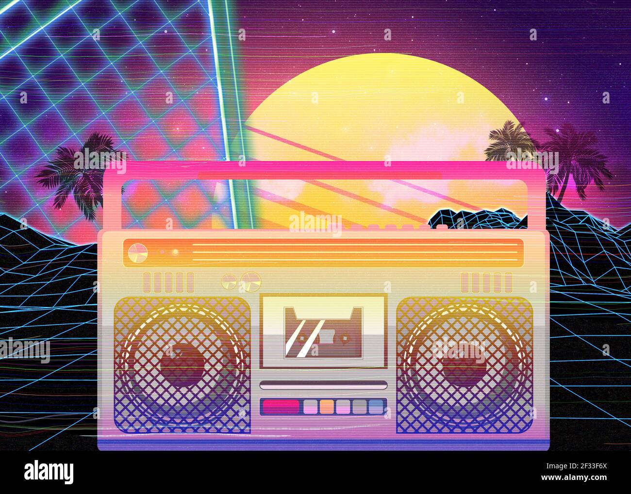 Abstract ghettoblaster, boombox retro vaporwave tropical design with ...